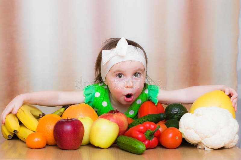 Happy Kid with Vegetables and Fruits. Stock Photo - Image of breakfast ...