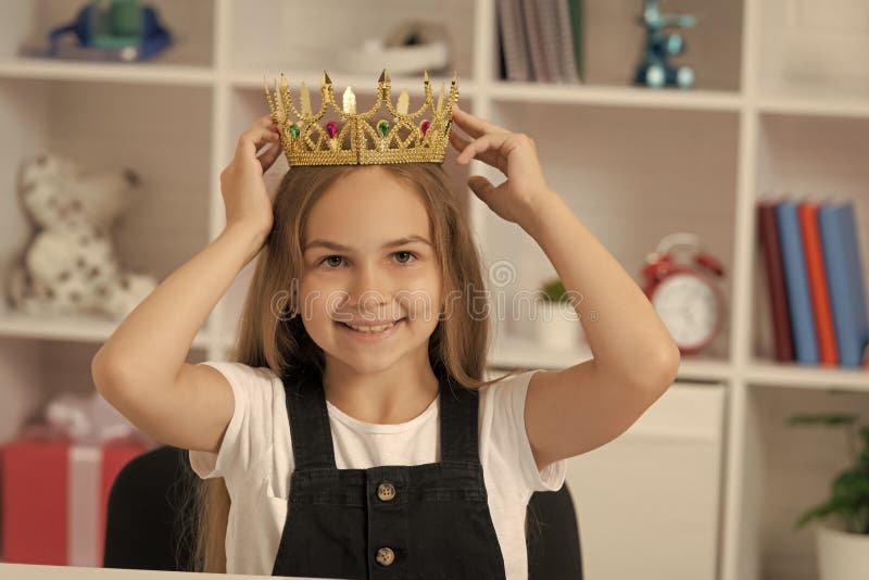 Happy Kid Wearing Queen Crown at School Classroom Stock Photo - Image ...