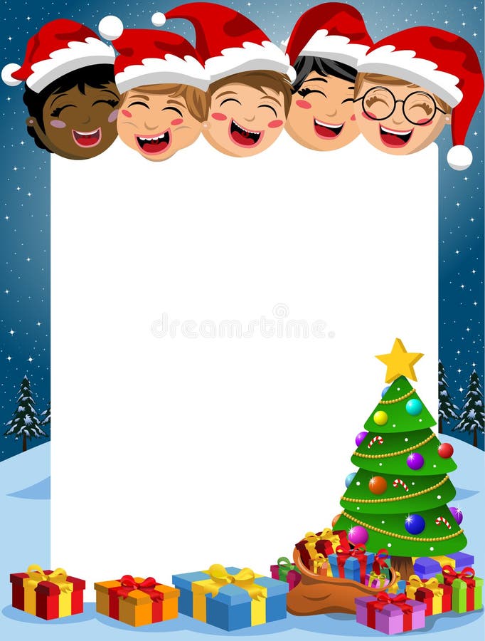 Happy Kids Blank Vertical Frame Xmas Tree Stock Vector - Illustration ...