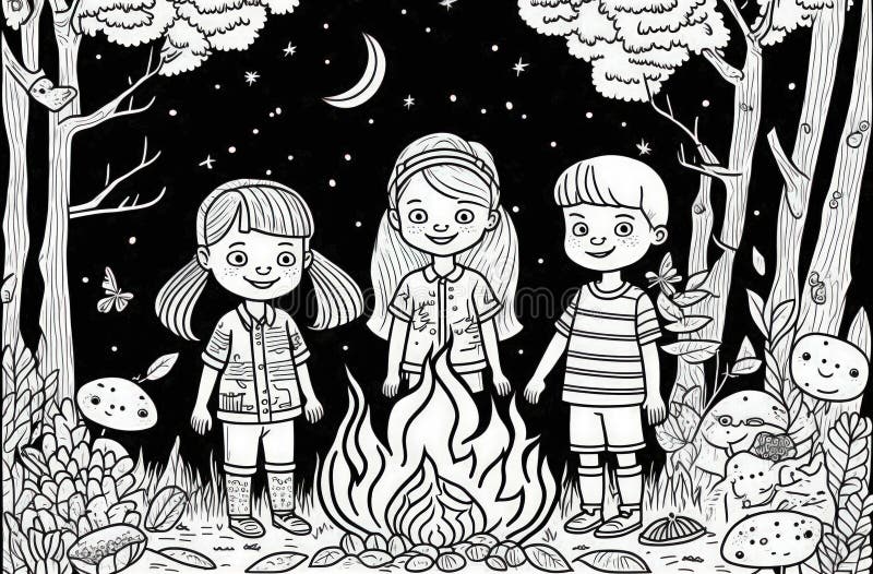 Happy Kids at a Campsite in the Woods at Night. Coloring Page in Black ...