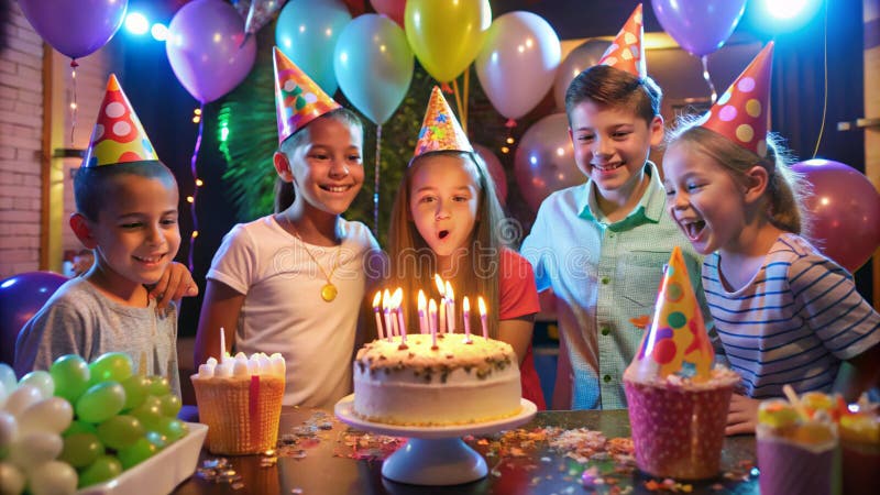 Happy Kids Celebrating a Birthday with Cake and Candles Stock ...