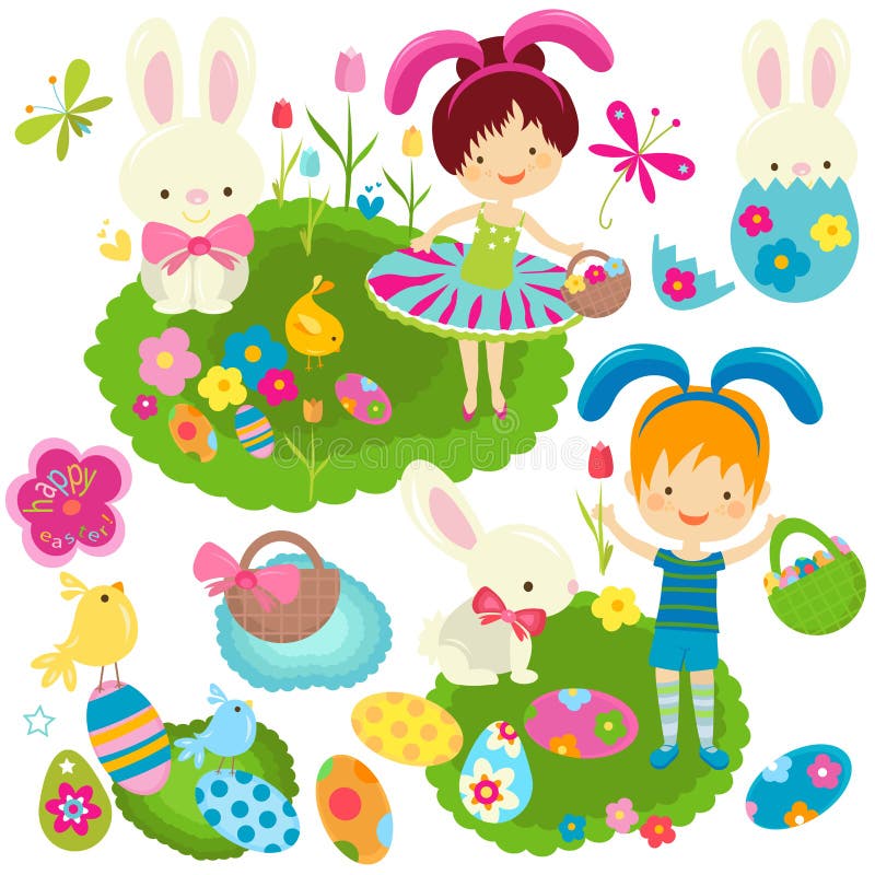 Happy Kids Celebrating Easter Stock Vector - Illustration of butterlies ...