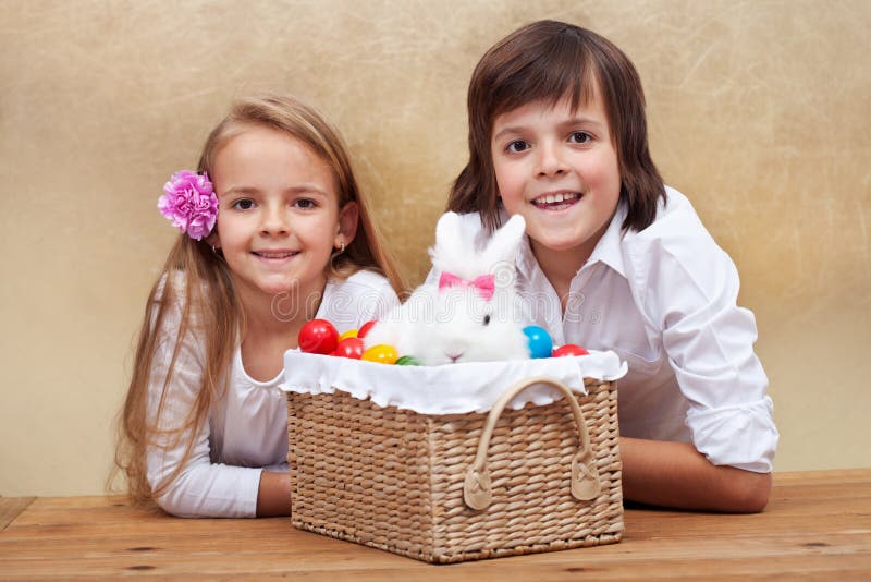 Happy Kids with Easter Bunny and Colorful Eggs Stock Photo - Image of ...