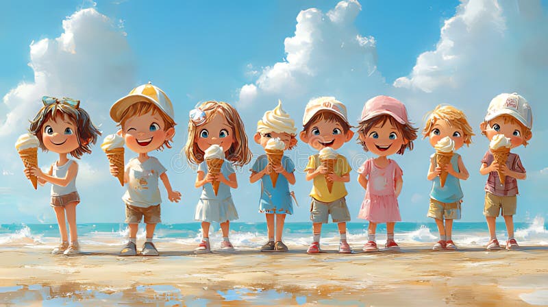 Happy Kids Enjoy Ice Cream on Sunny Beach Stock Illustration ...