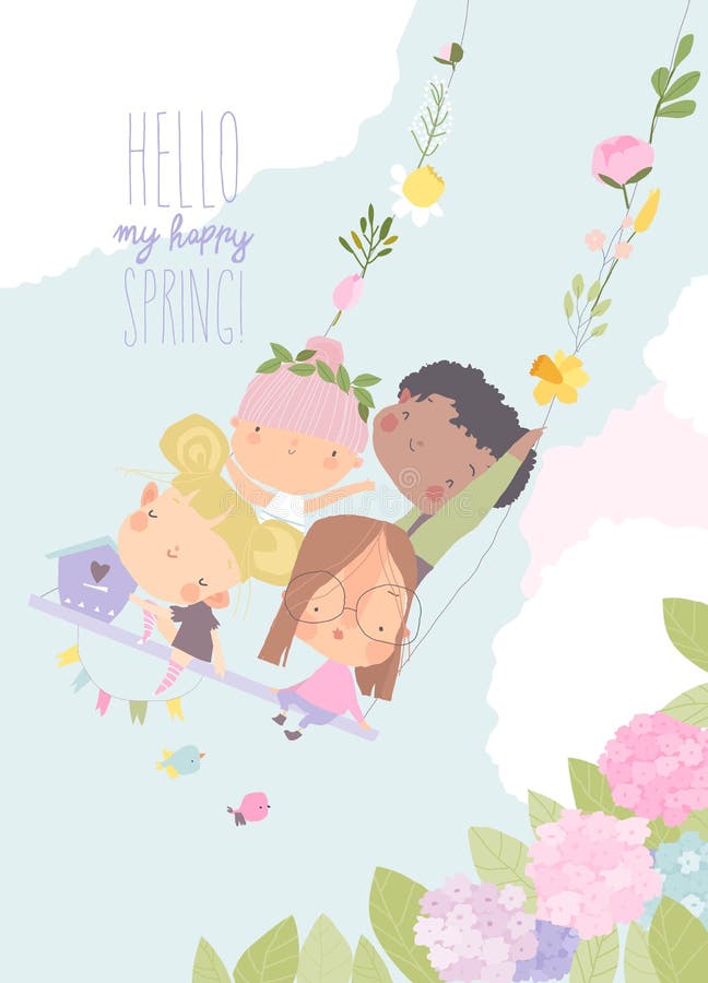 Happy Kids Flying on a Swing in Spring Park Stock Vector - Illustration ...