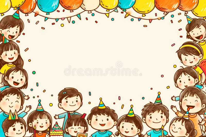 Happy Kids Frame with Birthday Party Elements and Balloons Stock Image ...