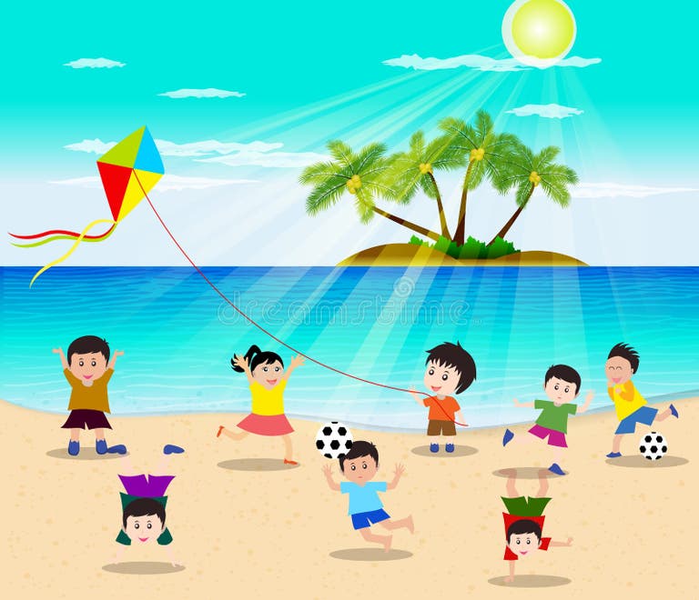 Happy Kids Having Fun on the Beach Vector Illustration Stock Vector ...