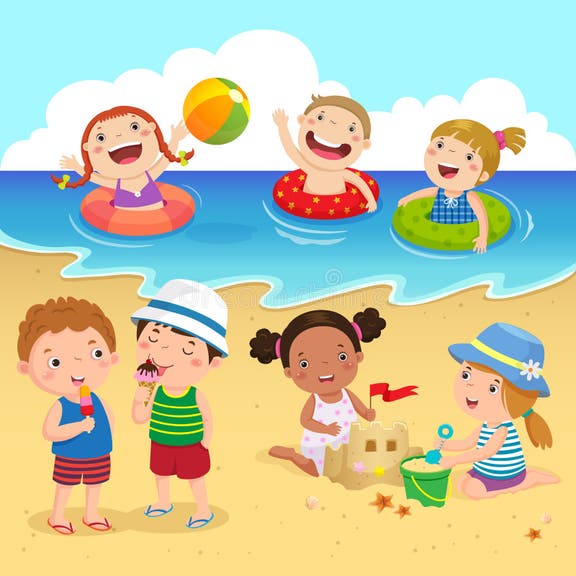 Happy Kids Having Fun on the Beach Stock Vector - Illustration of ocean ...