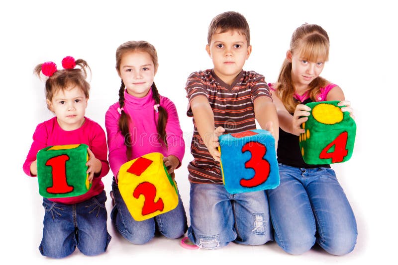 Happy Kids Holding Blocks with Numbers Stock Image - Image of kids ...