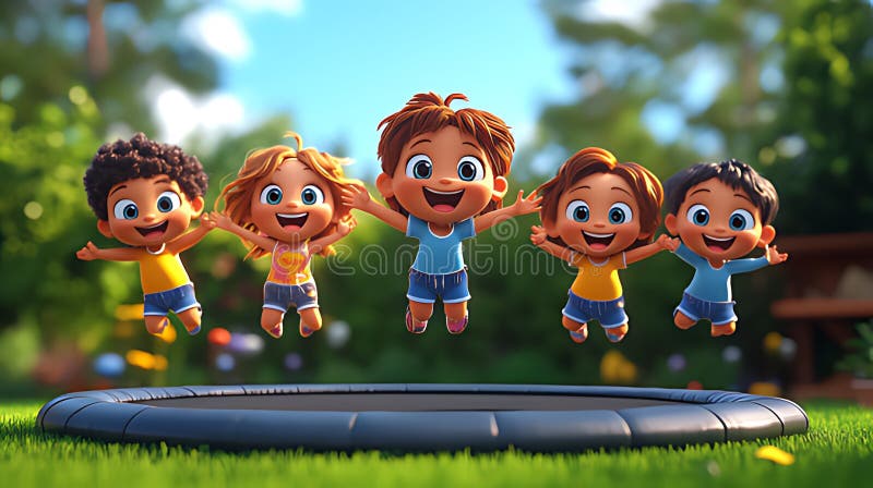 Happy Kids Jumping Trampoline Outdoors, Summer Fun, Backyard Stock ...