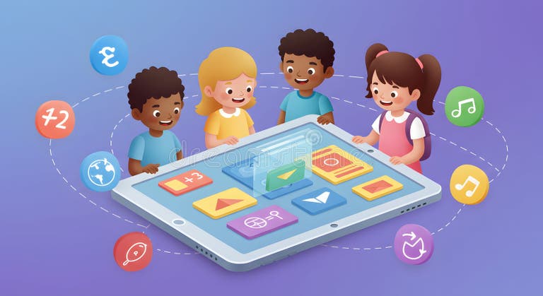 Happy Kids Learning with Digital Tablet, Educational App Interface ...