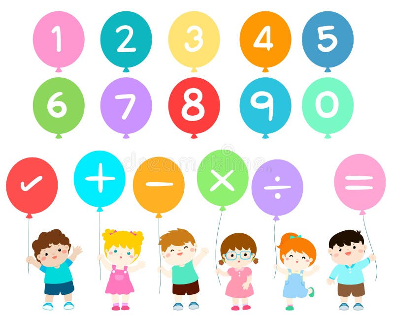 Happy Kids with Numbers Balloons . Stock Vector - Illustration of minus ...