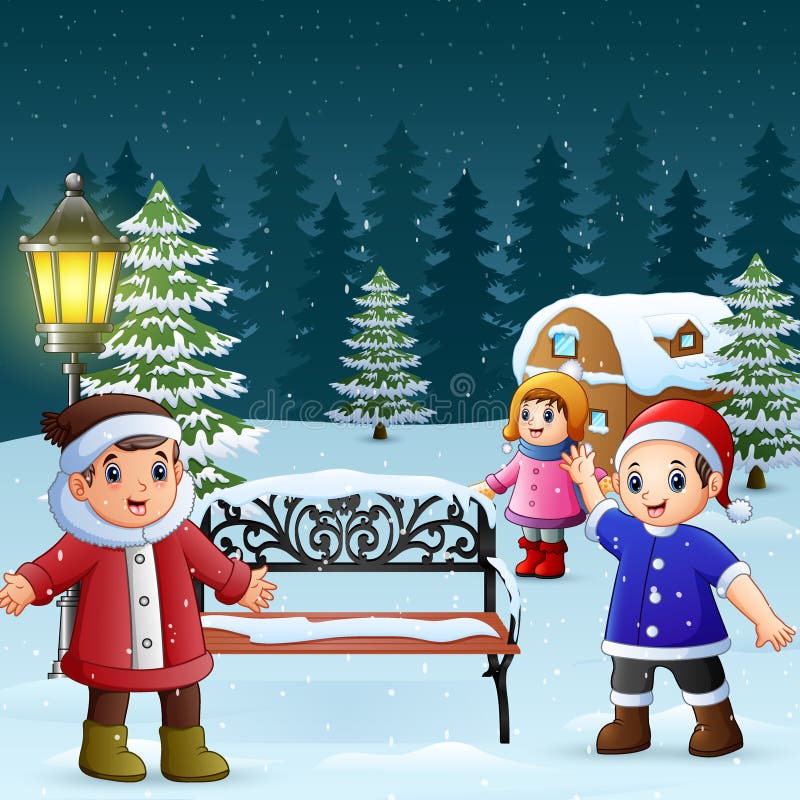 Happy Kids Play in Winter Background Stock Vector - Illustration of ...