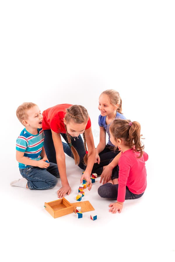 Happy Kids Playing with Building Blocks Isolated on White Stock Image ...