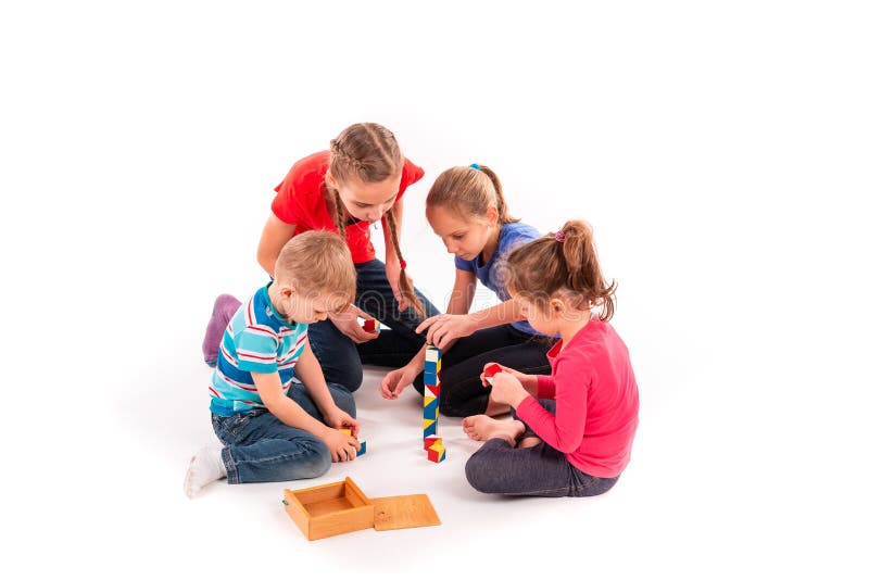 Happy Kids Playing with Building Blocks Isolated on White Stock Photo ...