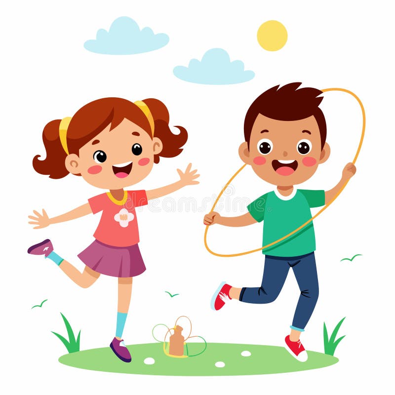 Happy Kids Playing with a Jump Rope Outdoor Stock Vector - Illustration ...