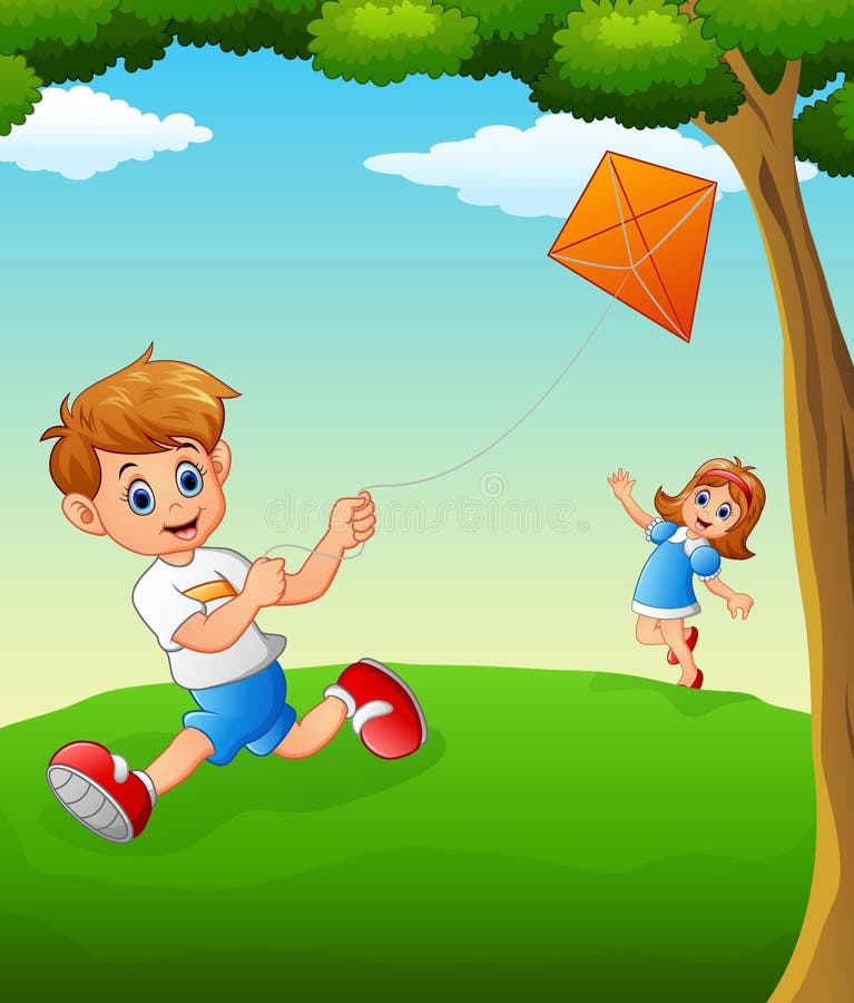 Happy kids playing kite stock vector. Illustration of flying - 74842569