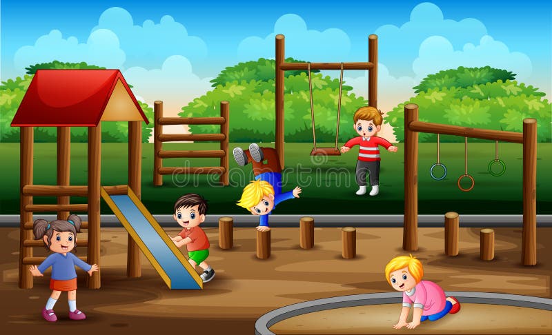 Happy Kids Playing in Playground Scene Stock Vector - Illustration of ...