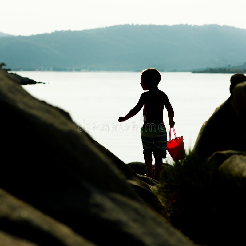 Happy Kids Playing by the Sea on Nature Background Stock Image - Image ...