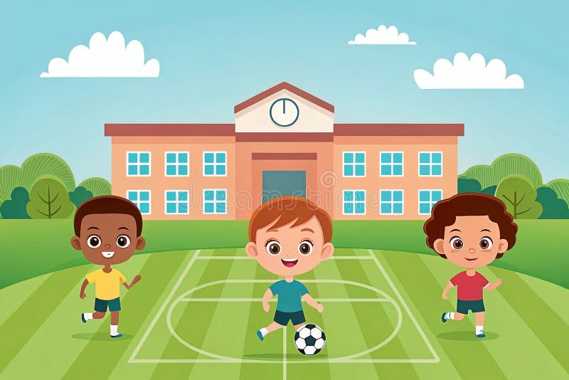 Happy Kids Playing Soccer on School Field Stock Illustration ...