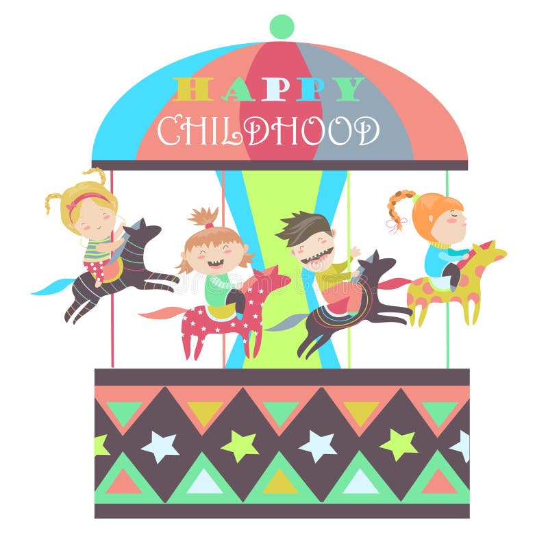 Happy Kids Riding Merry Go Round Stock Vector - Illustration of ...