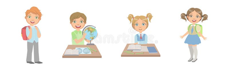 Happy Kids at School Lesson Enjoy Primary Education Vector Set Stock ...