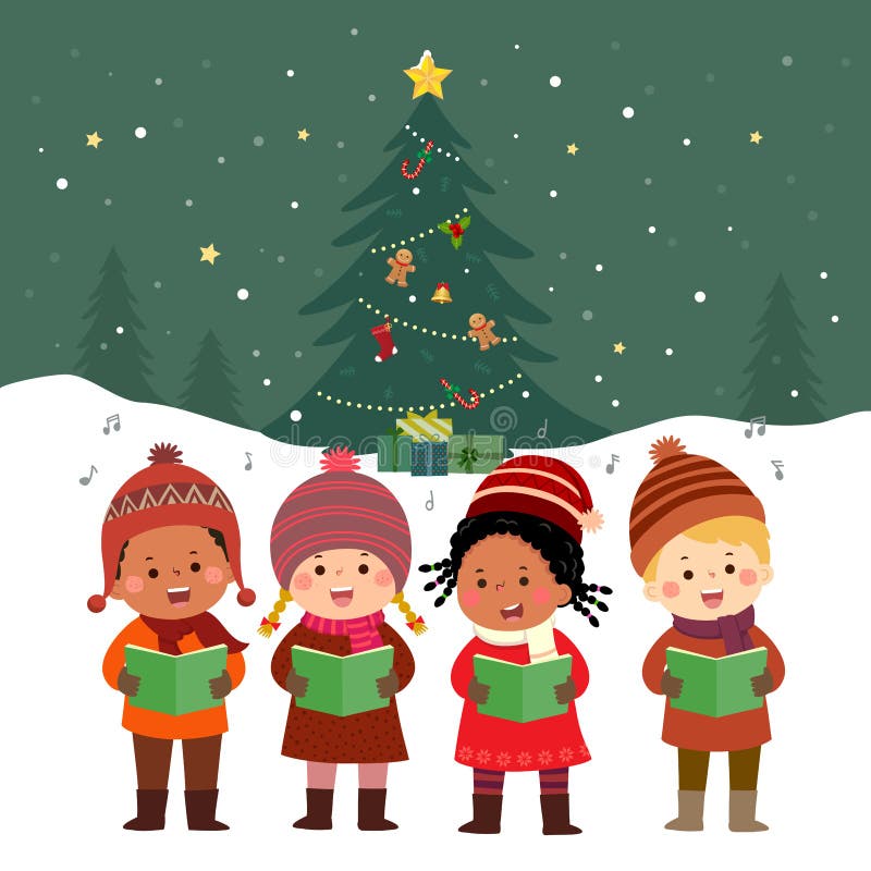 Happy Kids Singing Christmas Carols with Christmas Tree Stock Vector ...