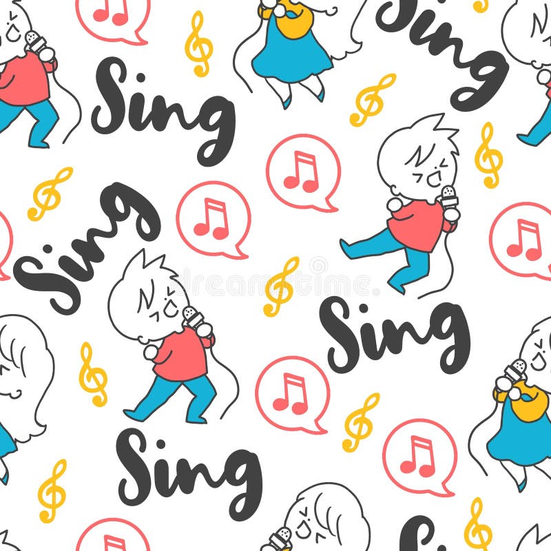 Happy Kids Singing with Music Notes Pattern Art Stock Vector ...