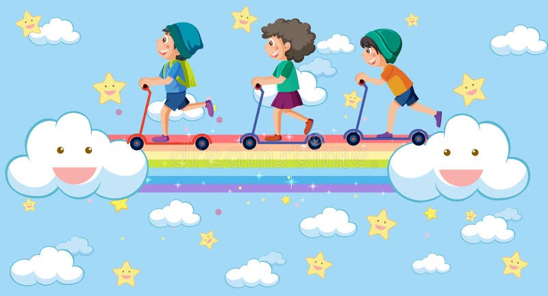 Happy Kids in in the Sky with Rainbow Stock Vector - Illustration of ...