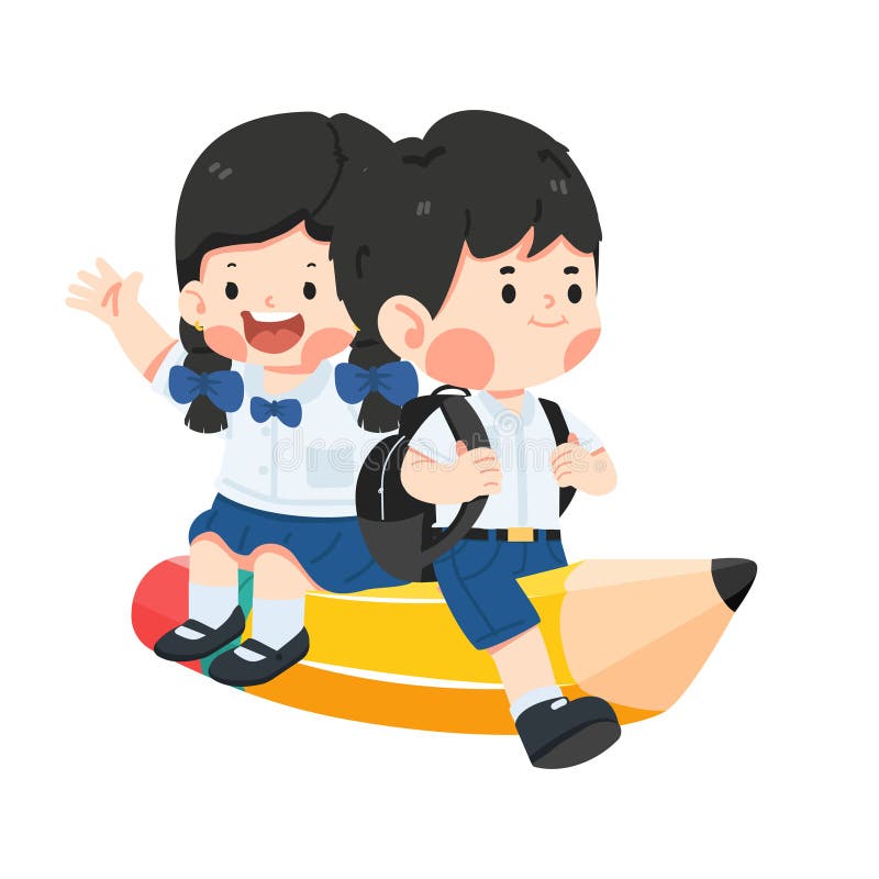 Happy Kids Student Riding Flying Pencil Go To School Stock Vector ...