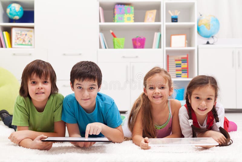 Happy Kids with Tablet Computers Stock Image - Image of background ...