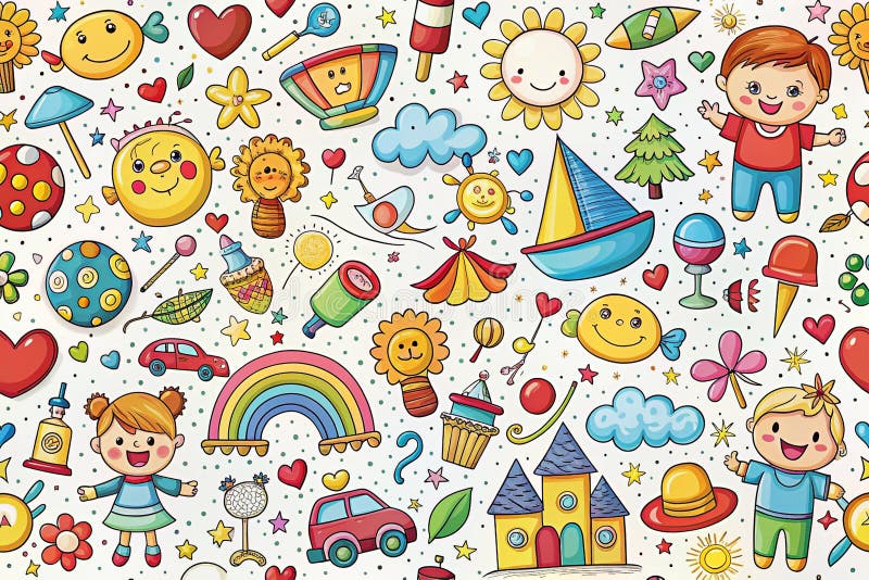 Happy Kids, Toys, and Cheerful Elements Seamless Pattern Stock ...