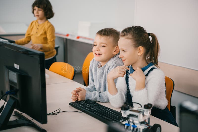 Happy Kids Working with Computer Together Stock Image - Image of school ...