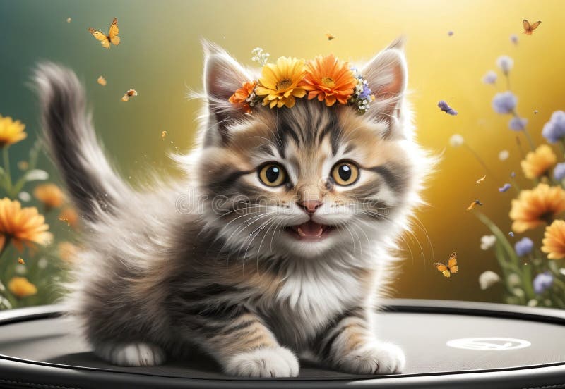 Happy Kitten in a Flower Crown Basks in the Sun Stock Photo - Image of ...