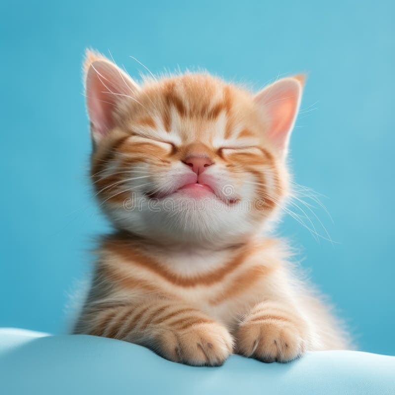Happy Kitten Smiling with Closed Eyes on a Colored Blue Background ...