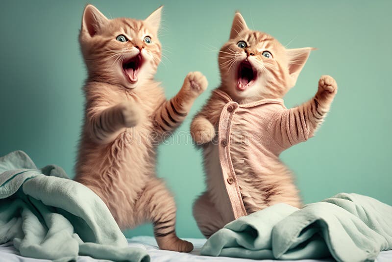 Happy Kittens in Terry Bathrobe Joyfully Jumping on Bed, Created with ...