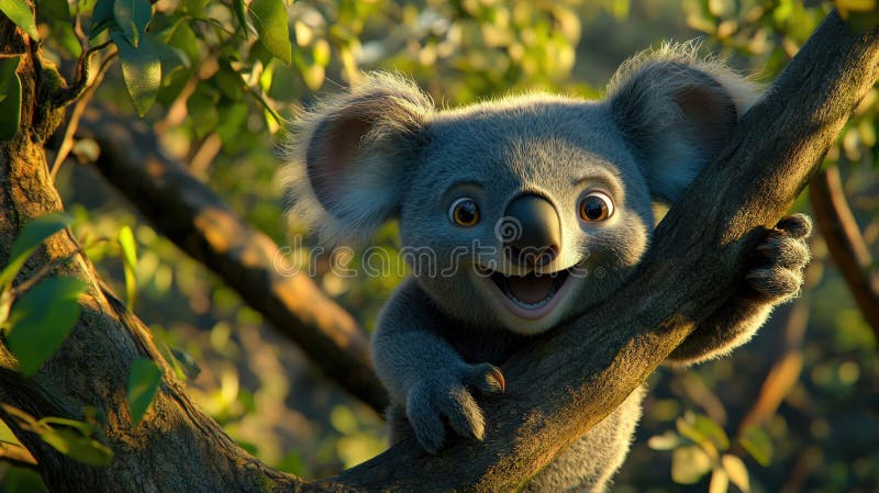 Happy Koala in a Green Tree Stock Illustration - Illustration of joyful, closeup: 369777288