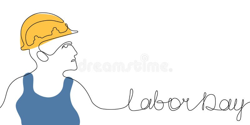 Happy Labor Day Banner with Builder in Trendy One Continuous Line Art ...