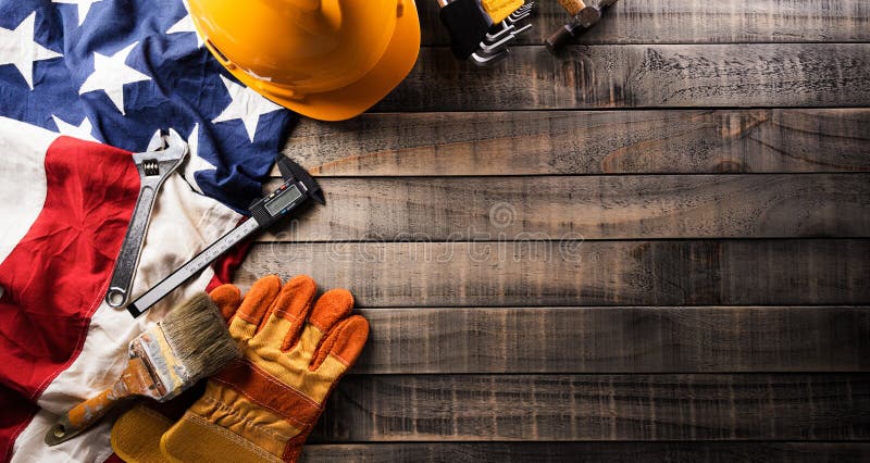 Happy Labor Day Concept. American Flag with Different Construction Tools on Dark Wooden ...