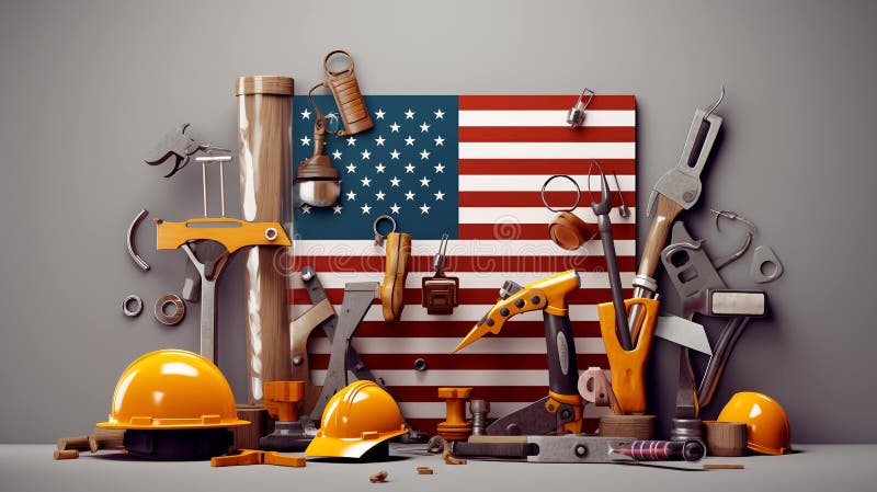 Happy Labor Day Concept. American Flag with Yellow Helmet and Different ...