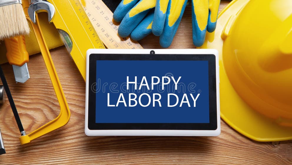 Happy Labor Day on Tablet Screen with a Construction Tools Stock Image ...