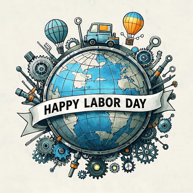 Happy Labour Day Design with Gears and Mechanisms Stock Illustration ...