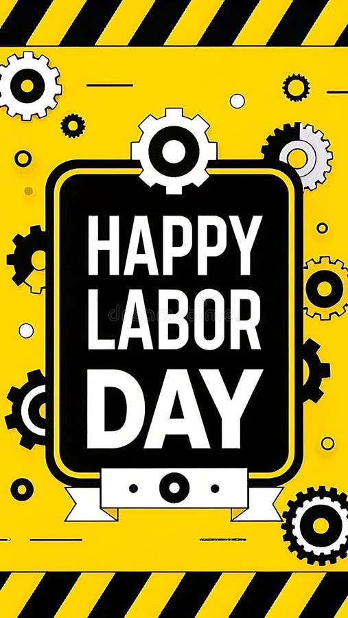Happy Labour Day Graphic with Gears and Warning Stripes Stock ...