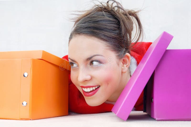 Happy lady with gift boxes stock photo. Image of face - 6869182