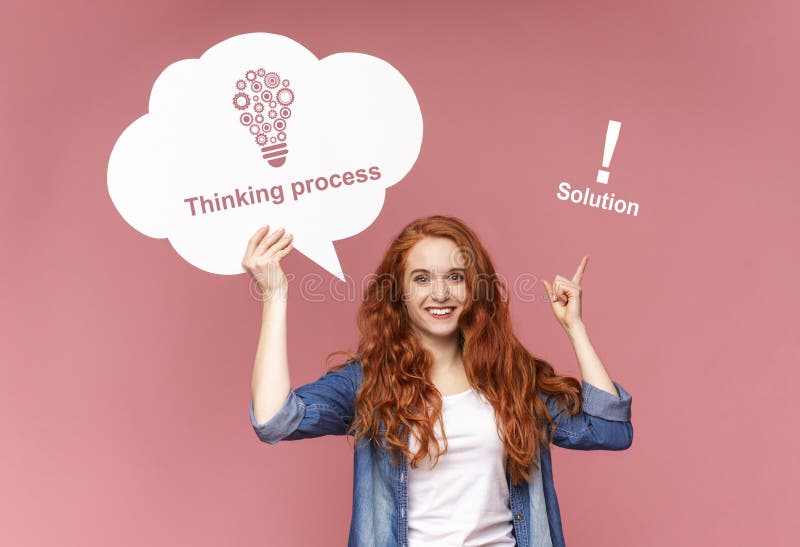 Happy Lady Holding Speech Bubble with Words THINKING PROCESS and Light ...
