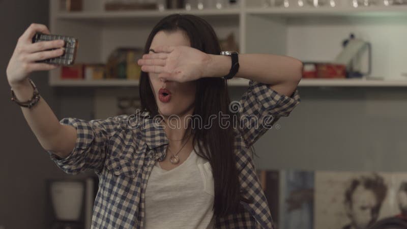 Happy Lady Make Fun V-selfie Home. Stock Video - Video of phone ...