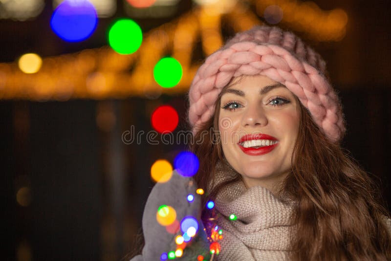 Happy Lady Posing with Blurred Lights Stock Photo - Image of elegant ...