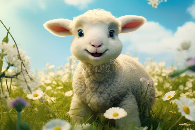 Happy lamb in the meadow stock illustration. Illustration of baby - 301800297