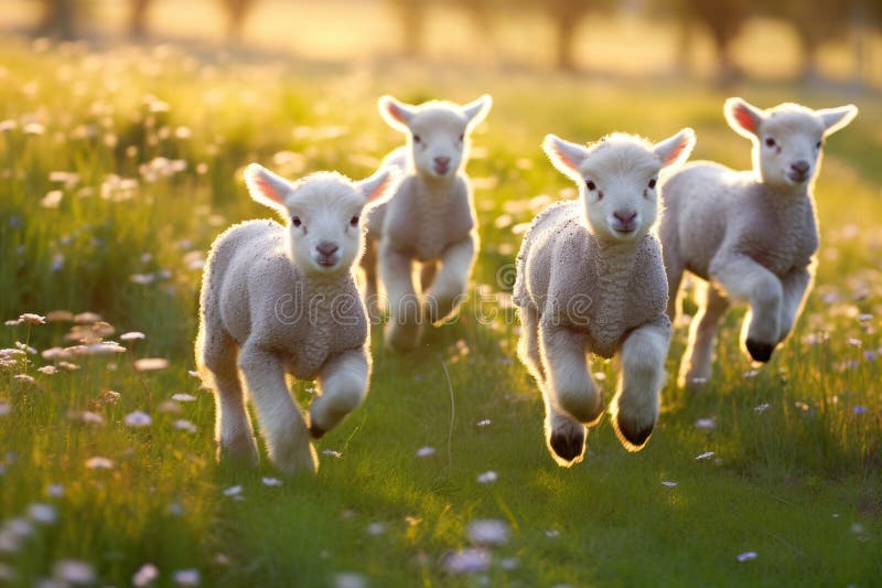 Happy Lambs Running in the Meadow. Generative AI Stock Illustration ...