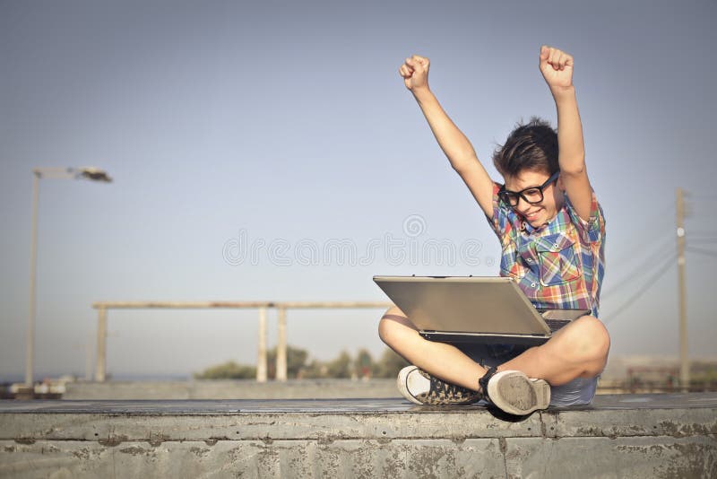 Happy man with a laptop stock image. Image of paper, creative - 89660889